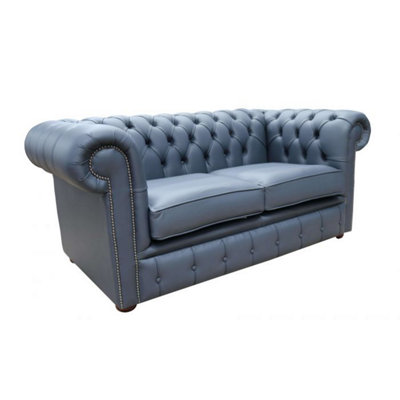 Chesterfield 2 Seater Shelly Suffolk Blue Real Leather Sofa Settee ...