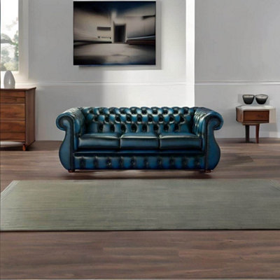 Chesterfield 3 Seater Antique Blue Leather Sofa Bespoke In Kimberley Style