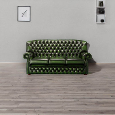 Chesterfield 3 Seater Antique Green Leather Sofa Bespoke In Monks Style