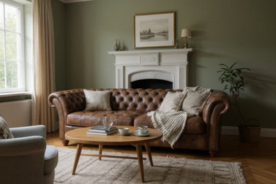Chesterfield 3 Seater Buttoned Seat Sofa Antique Tan Real Leather In ...