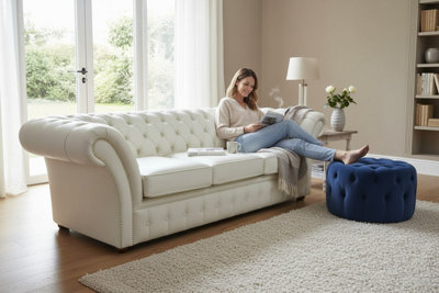 Chesterfield 3 Seater Cottonseed Cream Leather Sofa Bespoke In Balmoral Style
