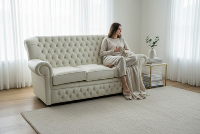 Chesterfield 3 Seater Cottonseed Cream Leather Sofa Bespoke In Monks Style