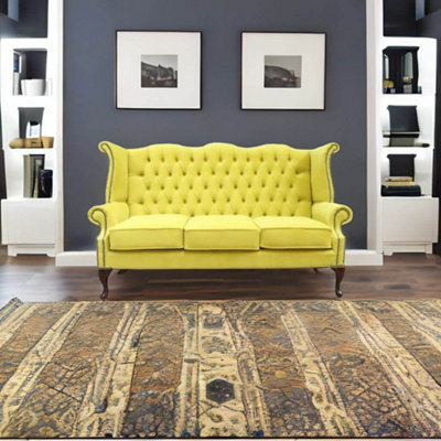 Chesterfield 3 Seater High Back Sofa Amalfi Buttercup Yellow Velvet Fabric In Queen Anne Style