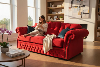 Chesterfield 3 Seater Rouge Red Fabric Sofa Settee Bespoke In Era Style