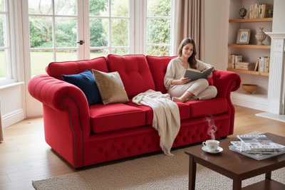 Chesterfield 3 Seater Rouge Red Fabric Sofa Settee Bespoke In Era Style