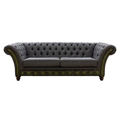 CHESTERFIELD 3 SEATER SOFA ANTIQUE OLIVE LEATHER MARINELLO PEWTER ...