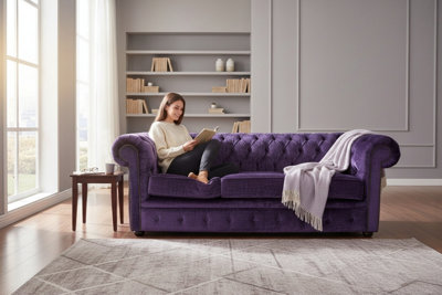 Chesterfield 3 Seater Sofa Modena Amethyst Purple Fabric In Classic Style