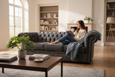 Chesterfield 3 Seater Sofa Settee Belvedere Pewter Grey Fabric In ...