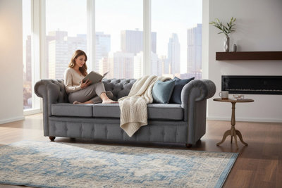 Chesterfield 3 Seater Sofa Settee Verity Steel Grey Fabric In Classic Style