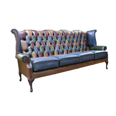 Chesterfield 4 Seater High Back Wing Sofa Antique Patchwork Leather In ...