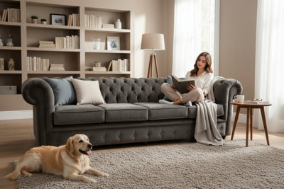 Chesterfield 4 Seater Sofa Settee Pimlico Bark Grey Fabric In Classic Style