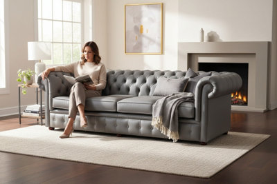 Chesterfield 4 Seater Sofa Shelly Silver Grey Real Leather In Classic Style