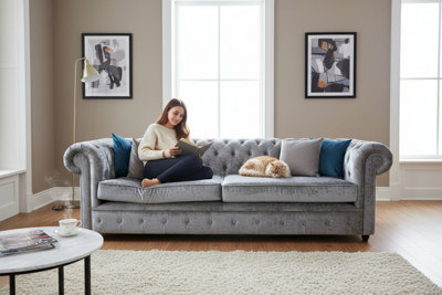 Chesterfield 4 Seater Sofa Shimmer Silver Velvet Fabric In Classic Style