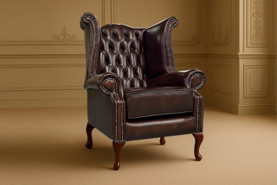Chesterfield Brown Leather Wingback Chair Scrolled Arms Manufactured in UK