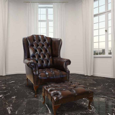 Chesterfield Buttoned Seat High Back Chair + Footstool Antique Brown ...