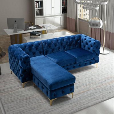Chesterfield Chaise Sofa - Blue - 4 Seater Sofa - L Shaped - Left Hand