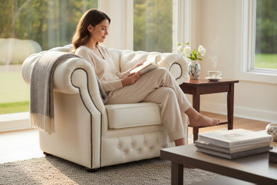 CHESTERFIELD CLUB CHAIR COTTONSEED CREAM REAL LEATHER IN BUCKINGHAM STYLE