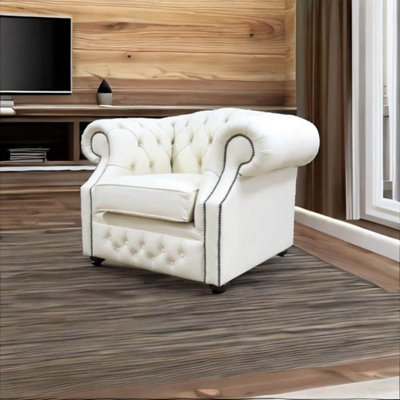 CHESTERFIELD CLUB CHAIR COTTONSEED CREAM REAL LEATHER IN BUCKINGHAM STYLE