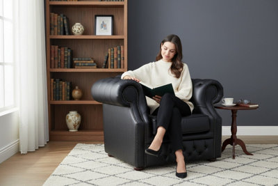 Chesterfield Club Chair Shelly Black Real Leather In Buckingham Style