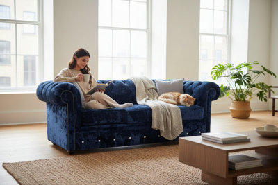 Chesterfield Crystal 3 Seater Sofa Lustro Sapphire Blue Velvet In ...