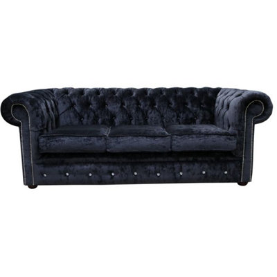Chesterfield Crystal 3 Seater Sofa Modena Black Velvet Fabric In ...