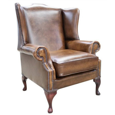 CHESTERFIELD FLAT WING SAXON HIGH BACK CHAIR ANTIQUE TAN REAL LEATHER ...