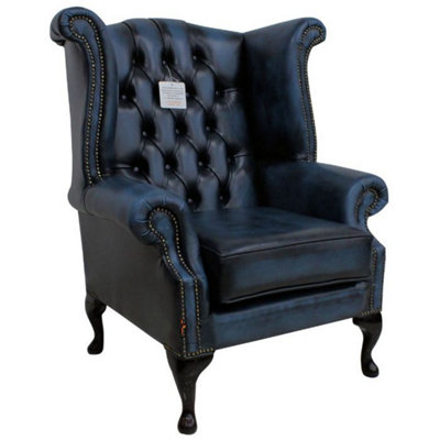 Chesterfield High Back Wing Chair Antique Blue Real Leather In Queen ...