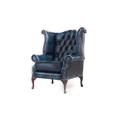 Chesterfield High Back Wing Chair Antique Blue Real Leather In Queen ...