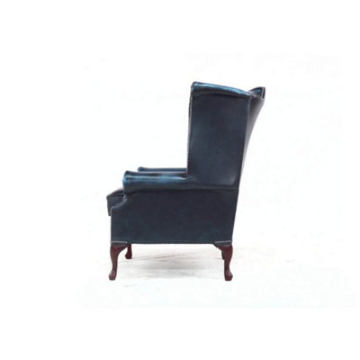 Chesterfield High Back Wing Chair Antique Blue Real Leather In Queen ...
