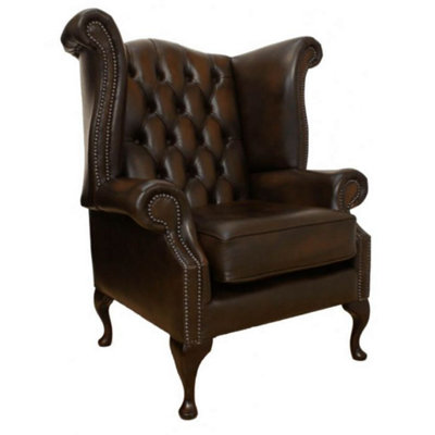 Chesterfield High Back Wing Chair Antique Brown Real Leather In Queen ...