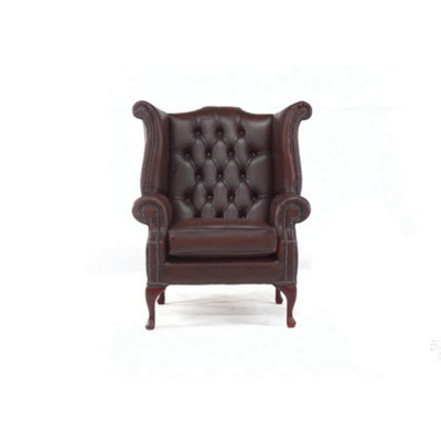 Chesterfield High Back Wing Chair Antique Brown Real Leather In Queen ...