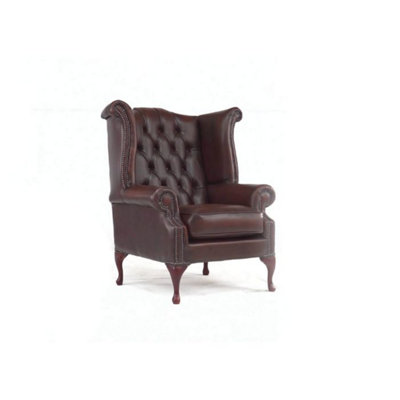 Chesterfield High Back Wing Chair Antique Brown Real Leather In Queen ...