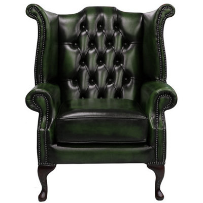 CHESTERFIELD HIGH BACK WING CHAIR ANTIQUE GREEN REAL LEATHER IN QUEEN ...