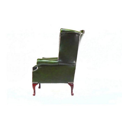 CHESTERFIELD HIGH BACK WING CHAIR ANTIQUE GREEN REAL LEATHER IN QUEEN ...