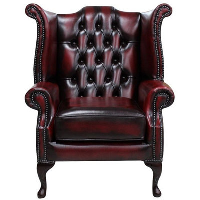 Chesterfield High Back Wing Chair Antique Oxblood Red Real Leather In ...