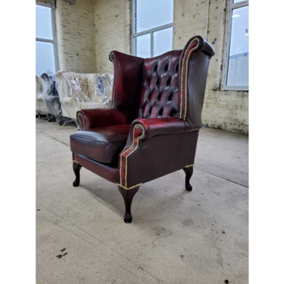 Chesterfield High Back Wing Chair Antique Oxblood Red Real Leather In ...