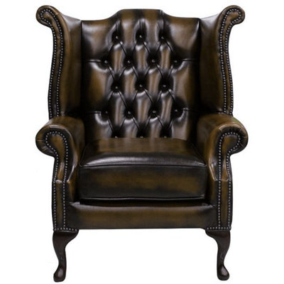 Chesterfield High Back Wing Chair Antique Tan Leather Bespoke In Queen ...