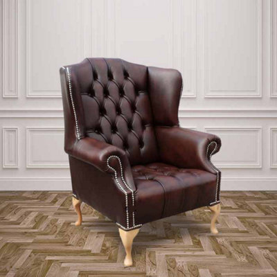 Chesterfield High Back Wing Chair Buttoned Seat Antique Brown Leather ...