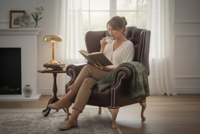 Chesterfield High Back Wing Chair Buttoned Seat Antique Brown Leather ...
