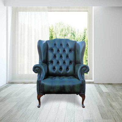 Chesterfield High Back Wing Chair Buttoned Seat Antique Green Leather ...