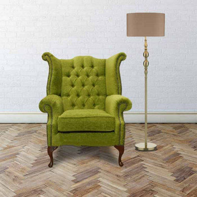 Chesterfield High Back Wing Chair Citrus Green Fabric In Queen Anne Style