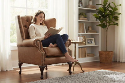 Chesterfield High Back Wing Chair Cracked Wax Tan Real Leather In ...
