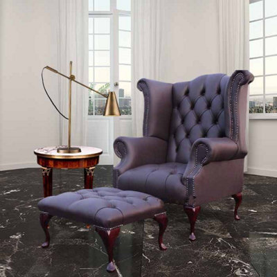 Chesterfield High Back Wing Chair Footstool Buttoned Seat Dark Chocolate Leather In Queen Anne Style