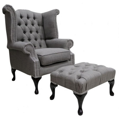 Chesterfield High Back Wing Chair + Footstool Charles Slate Linen ...