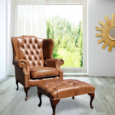 Chesterfield High Back Wing Chair + Footstool Old English Tan Leather ...