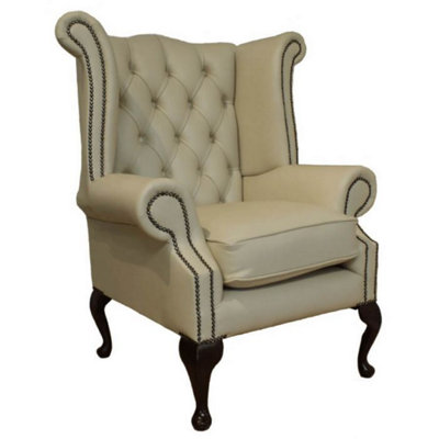 Chesterfield High Back Wing Chair Ivory Leather Bespoke In Queen Anne Style