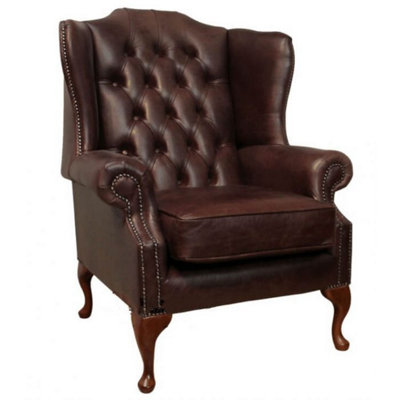 Chesterfield High Back Wing Chair Old English Dark Brown Leather In ...
