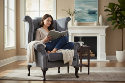 Chesterfield High Back Wing Chair Pimlico Carbon Grey Real Fabric ...