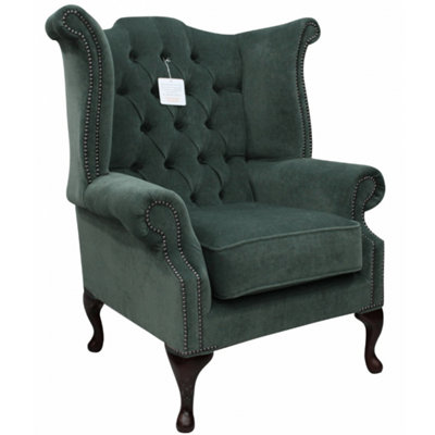 Chesterfield High Back Wing Chair Pimlico Ocean Green Fabric In Queen ...