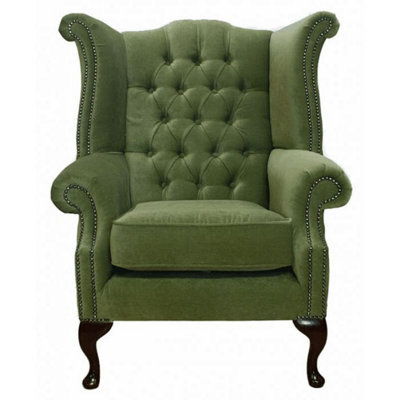 Chesterfield High Back Wing Chair Pimlico Sage Green Fabric In Queen ...